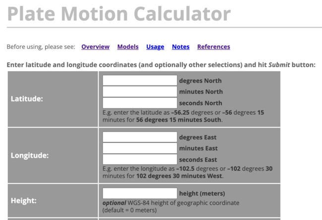 UNAVCO Plate Motion Calculator screenshot