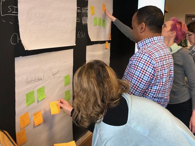 Leadership members working with post-it notes