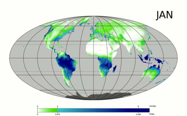 Map of global average precipitation in January