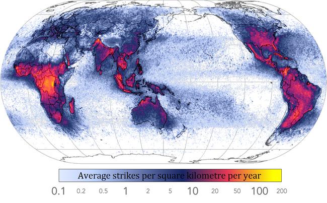Global distribution of lightning strikes